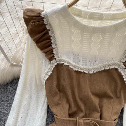 Patchwork Lace Shirt Short Long Sleeve Ruffled Waist Sweet Shirt on Luulla