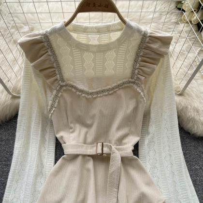 Patchwork Lace Shirt Short Long Sleeve Ruffled Waist Sweet Shirt on Luulla