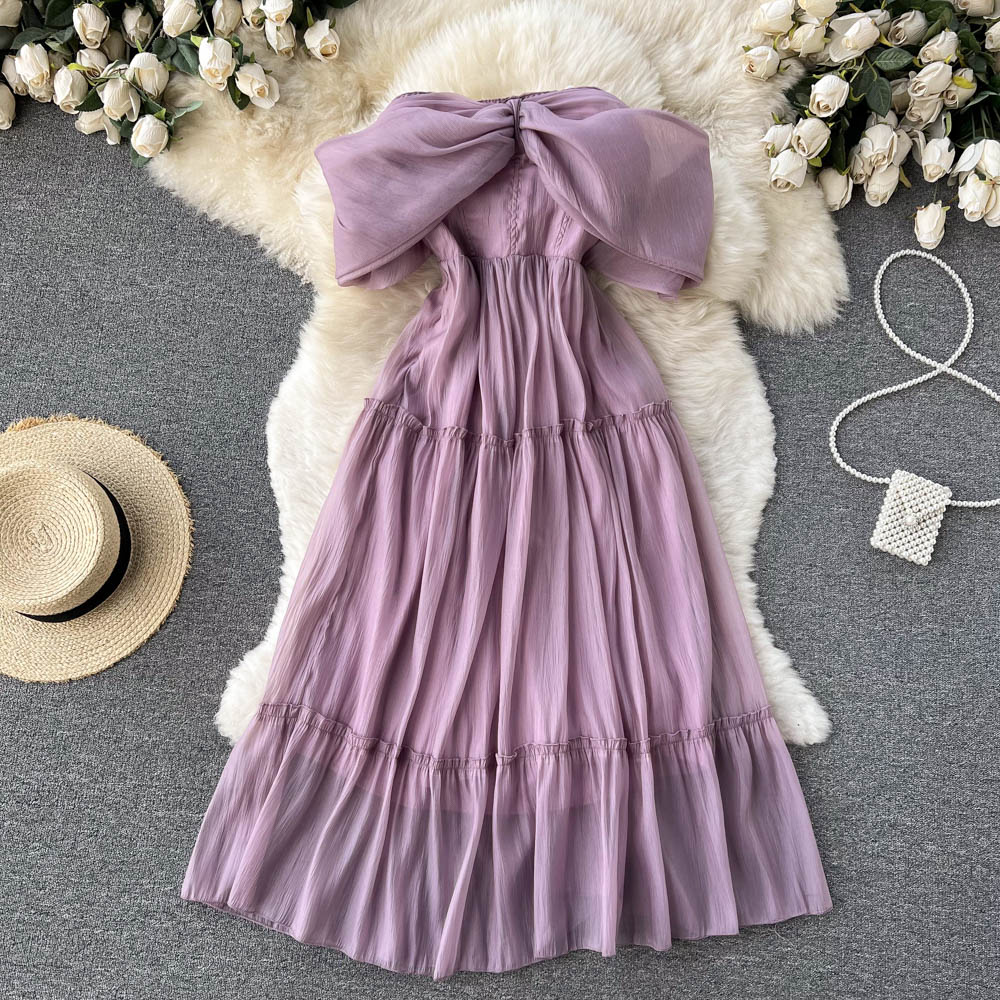 Purple Off-the-shoulder Chiffon Floaty Over-the-knee Dress on Luulla