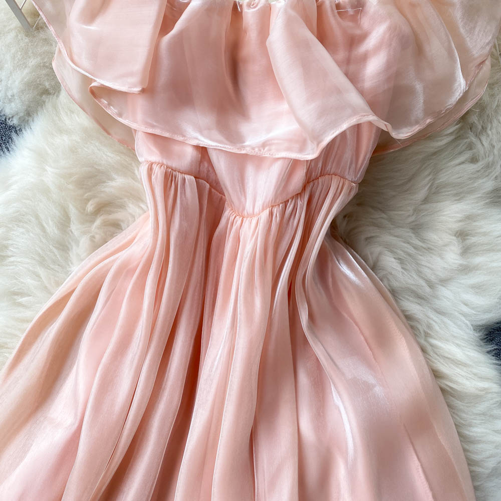 Pink Streamer Textured Ruffled One-line Neck Off-the-shoulder Holiday ...