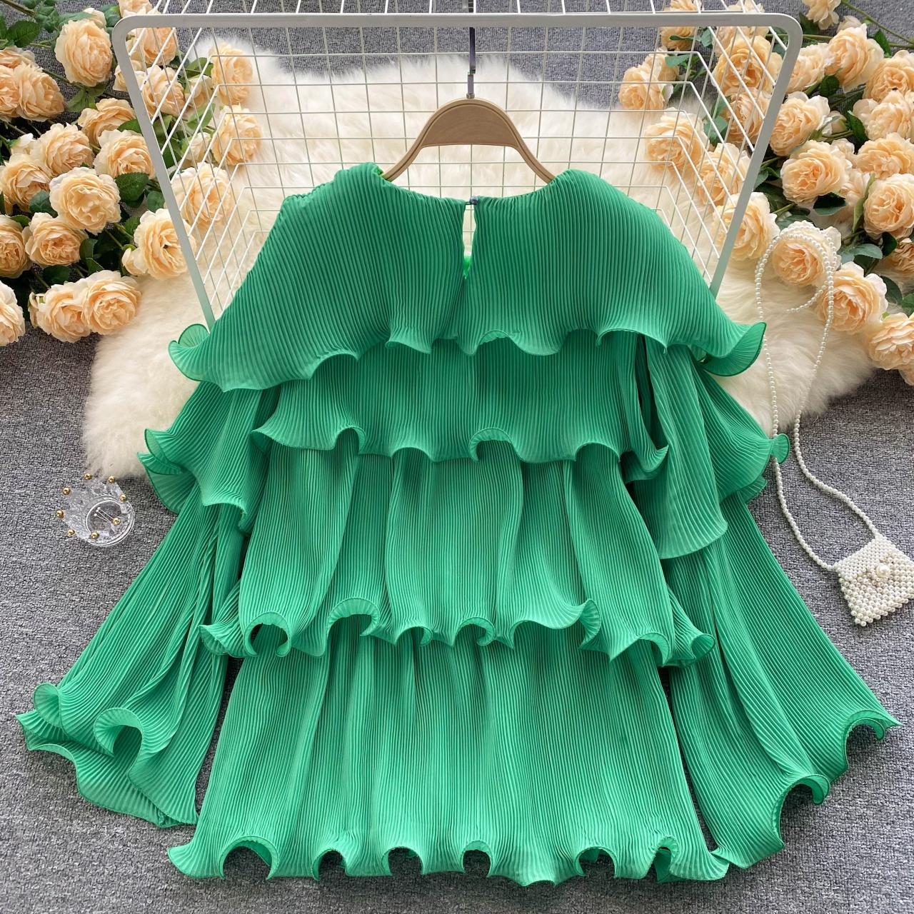 Round Neck Ruffled Hem With Loose Pleated Style Chiffon Shirt on Luulla