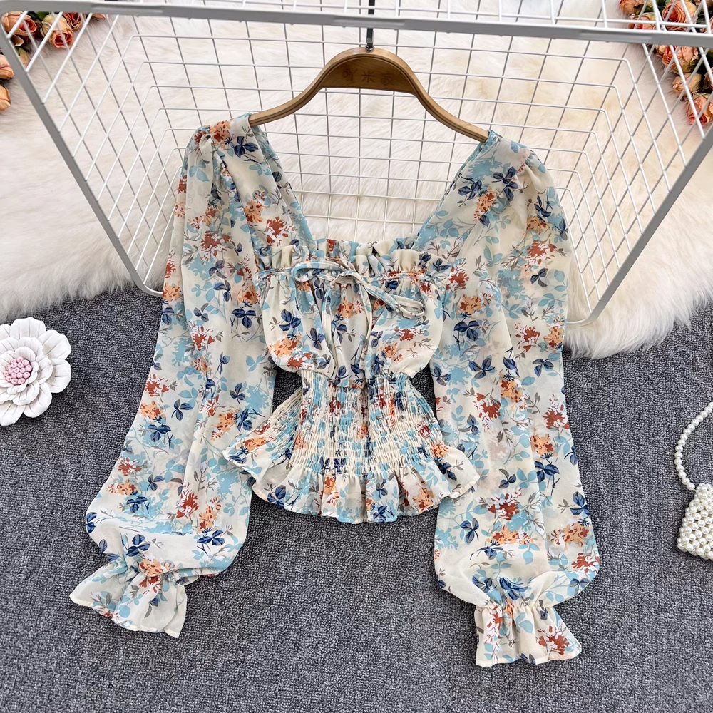 Vintage Square Neck Puffed Sleeve Ruffled Floral Chiffon Top on Luulla