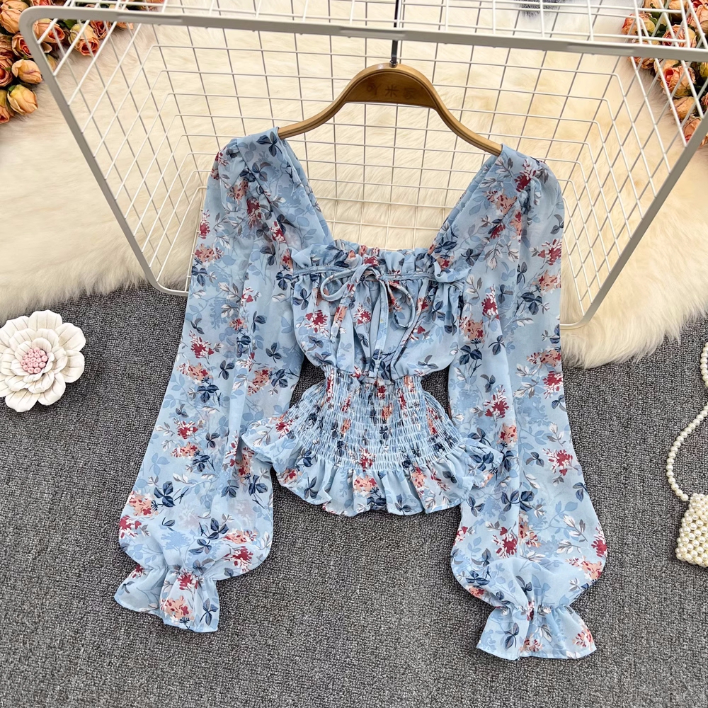 Vintage Square Neck Puffed Sleeve Ruffled Floral Chiffon Top on Luulla