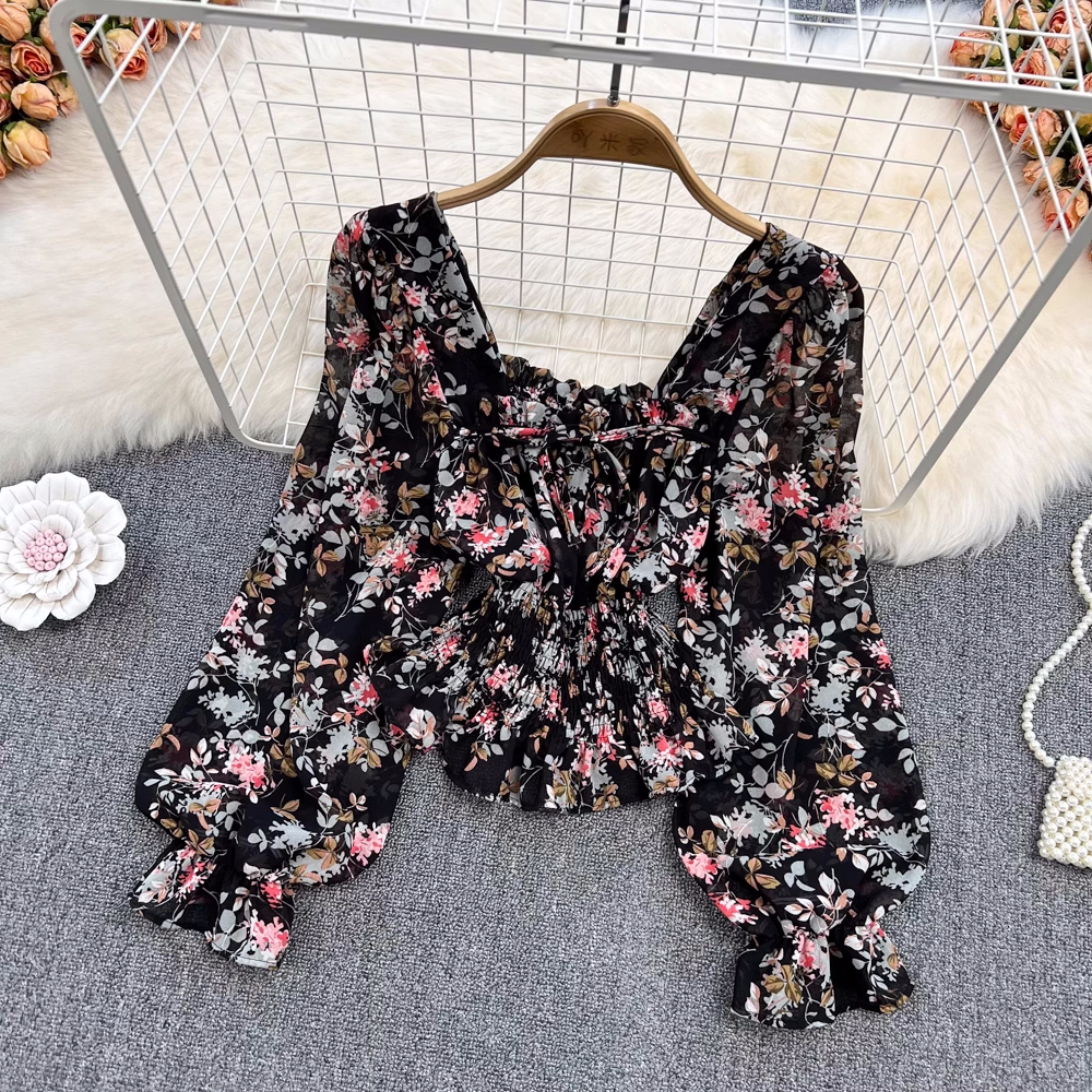 Vintage Square Neck Puffed Sleeve Ruffled Floral Chiffon Top on Luulla