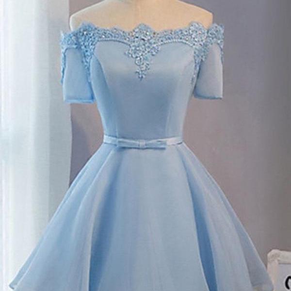 Light Blue Off Shoulder With Short Sleeve,lace Lovely A Line Homecoming ...