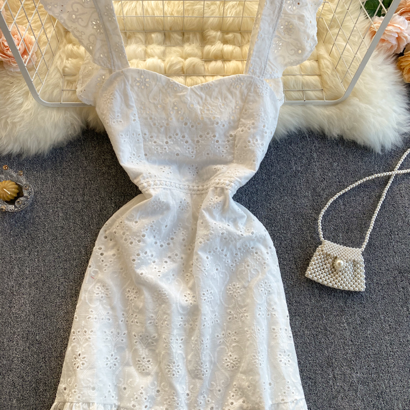 White Lace V-neck Backless Ruffle Dress on Luulla