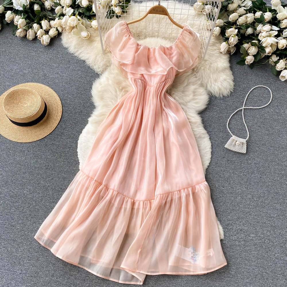 Pink Streamer Textured Ruffled One-line Neck Off-the-shoulder Holiday ...