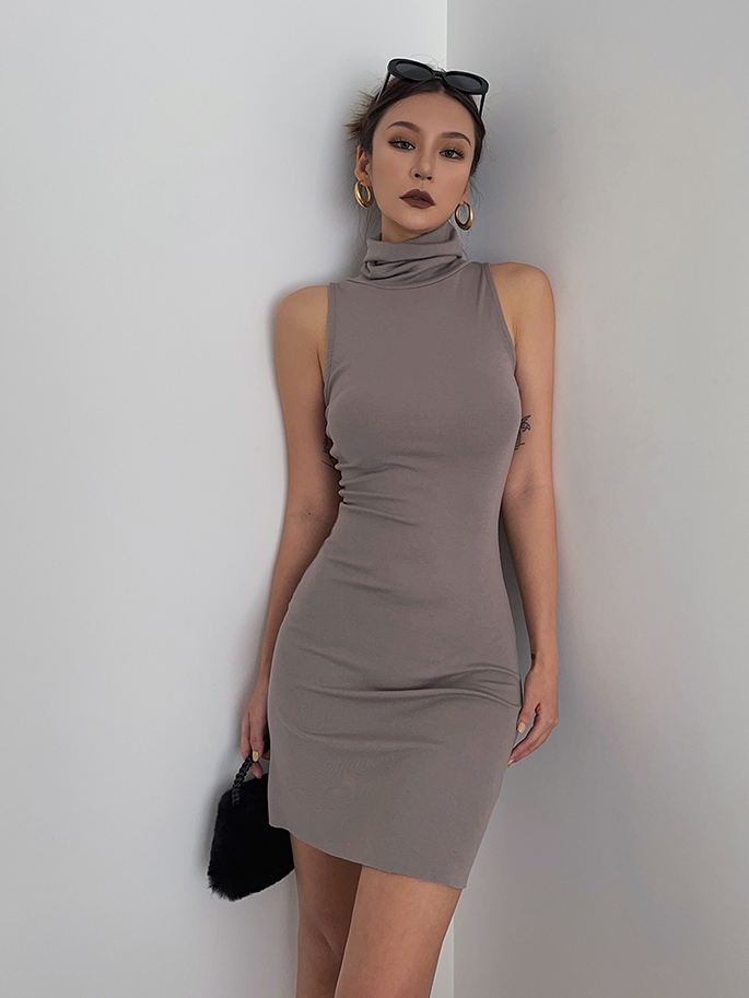 High Collar Temperament Sleeveless Hip Dress Girl Short Skirt Dress on ...