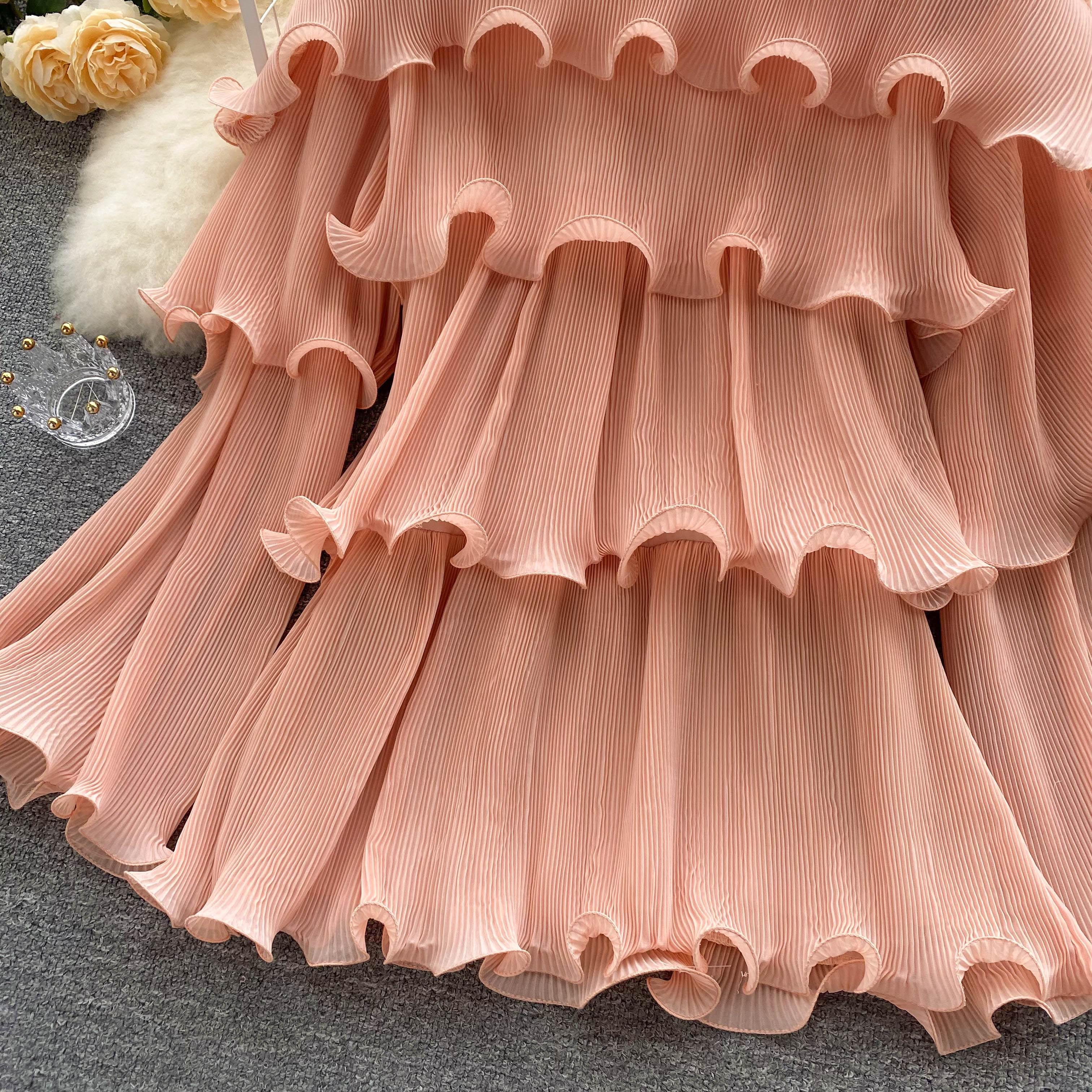 Round Neck Ruffled Hem With Loose Pleated Style Chiffon Shirt on Luulla