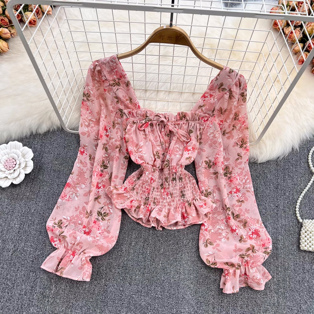 Vintage Square Neck Puffed Sleeve Ruffled Floral Chiffon Top on Luulla