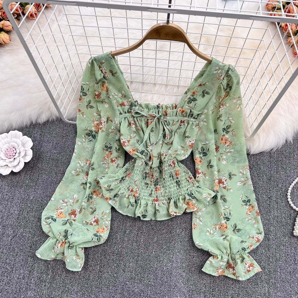 Vintage Square Neck Puffed Sleeve Ruffled Floral Chiffon Top on Luulla