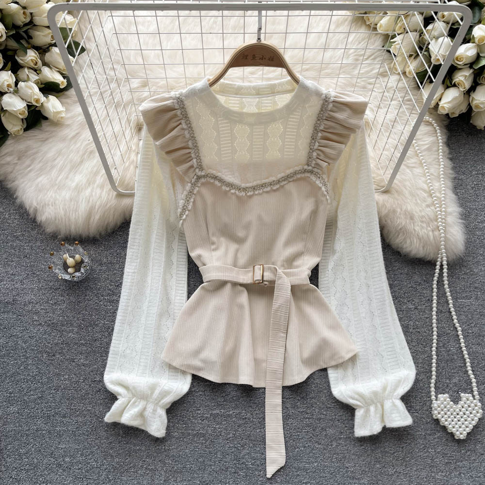 Patchwork Lace Shirt Short Long Sleeve Ruffled Waist Sweet Shirt on Luulla