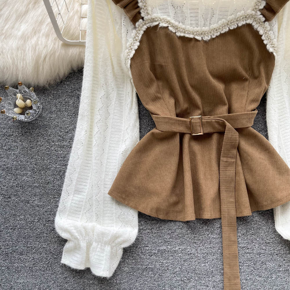 Patchwork Lace Shirt Short Long Sleeve Ruffled Waist Sweet Shirt on Luulla